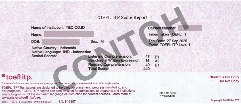 TES TOEFL ITP Online Sertifikat Digital 7 hari kerja - YEC
